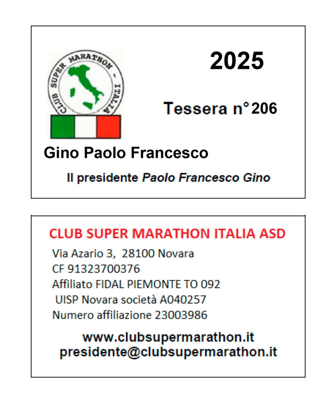 RINNOVO TESSERAMENTO 2025 - Club Super Marathon Italia